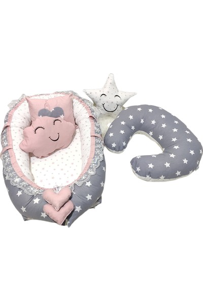 Bebekatölyesi Koyu Gri Yıldız Pudra Babynest & Emzirme Yastığı Set