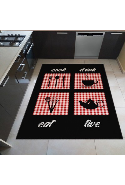 Karnaval Home Dekoratif Ekose Mutfak Halısı