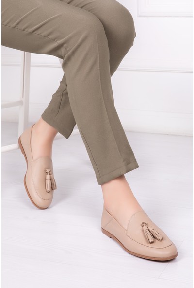 Tarçın Deri Günlük Bej Kadın Babet Ayakkabı TRC100-F04