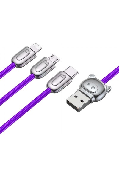 Baseus CAMLT-PG03 Camlt 3in1 Type-C/Lightning/Micro USB Çoklu Başlık Halat USB Kablo - Mor Baseus CAMLT-PG03 Camlt 3in1 Type-C/Lightning/Micro USB Çoklu Başlık Halat USB Kablo - Mor