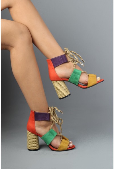 Modabuymus Turuncu Multi Halat Bağcıklı Topuklu Kadın Ayakkabı - Offex