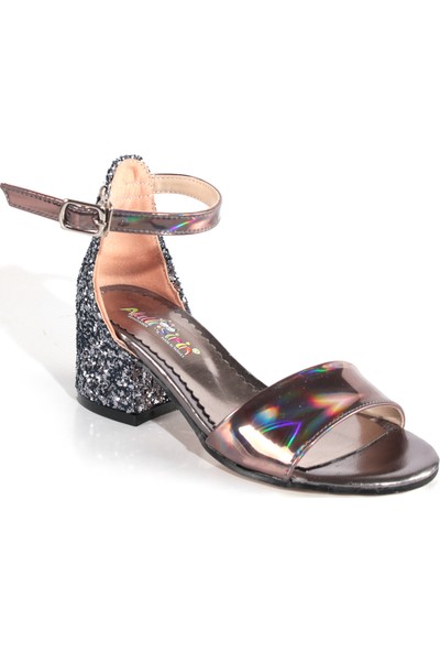 Akıllı Şirin Bilekten Bağlamalı Topuklu Simli Genç Kız Çocuk Abiye Sandalet Platin