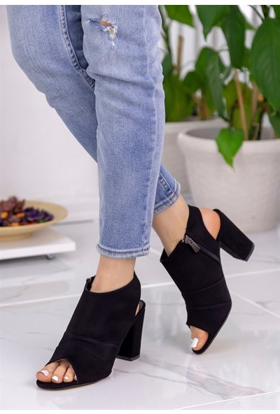 8Stil Dolly Siyah Süet Topuklu Ayakkabı