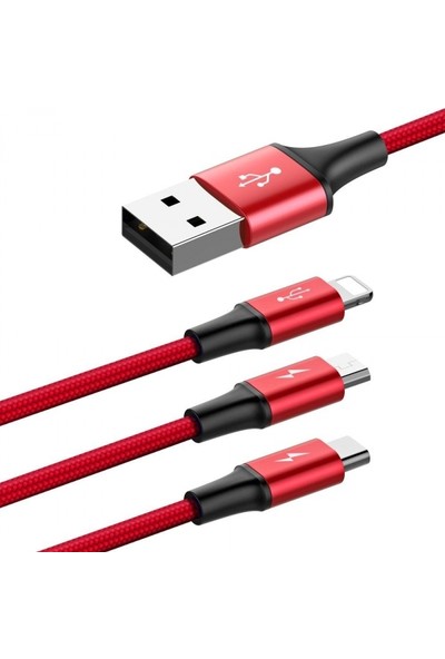 Baseus CAMLT-SU09 Rapid 3in1 Micro+Type-C+ iPhone Şarj Kablo 1.2m Kırmızı Baseus CAMLT-SU09 Rapid 3in1 Micro+Type-C+ iPhone Şarj Kablo 1.2m Kırmızı