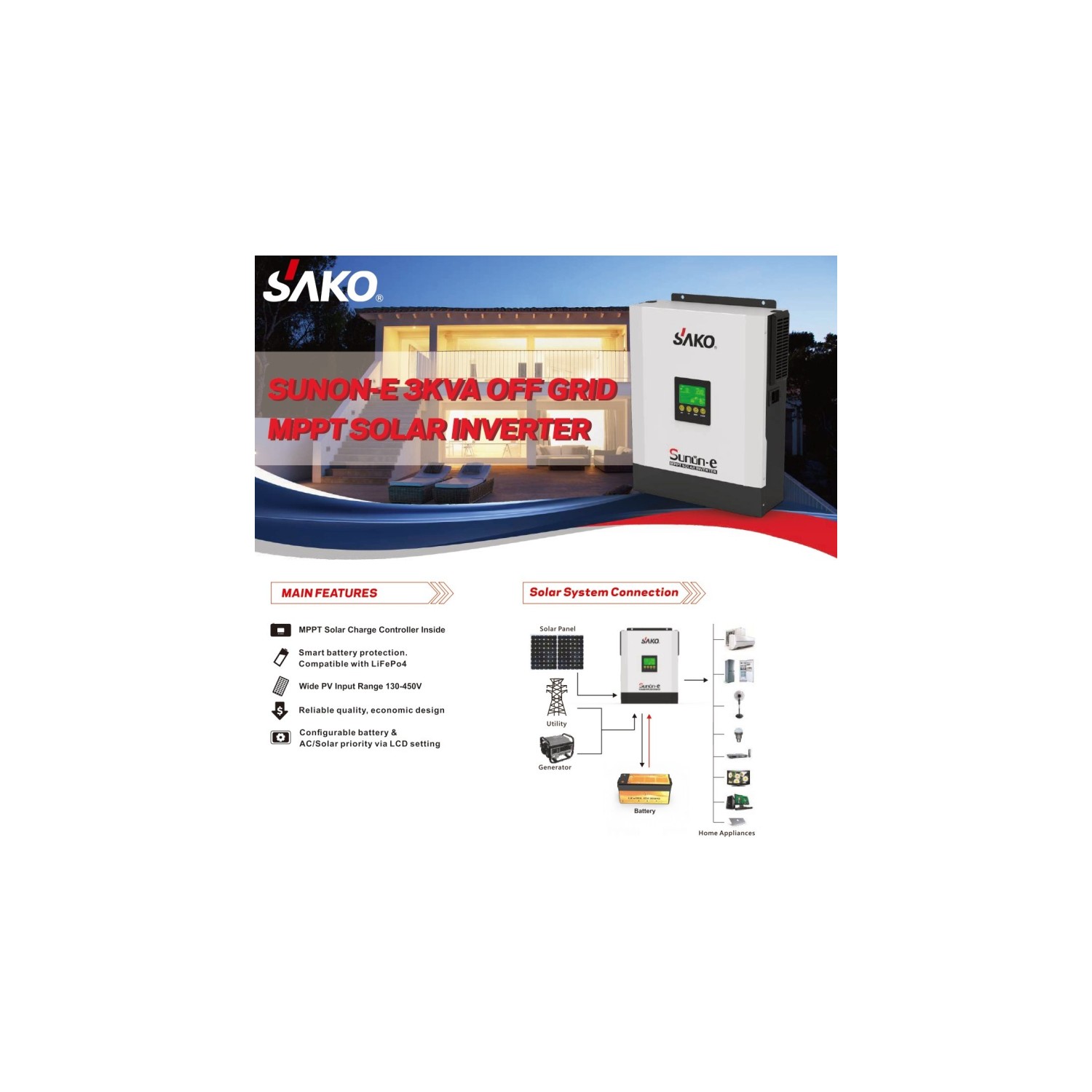 Sako Sunon-E Tam Sinüs Mppt Akıllı Invertör 24V 2.4kw Fiyatı