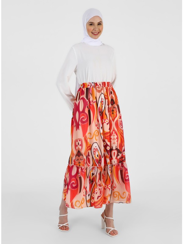 Refka Astarlı Etnik Desenli Şifon Etek - Turuncu Fuşya - Fiyatı
