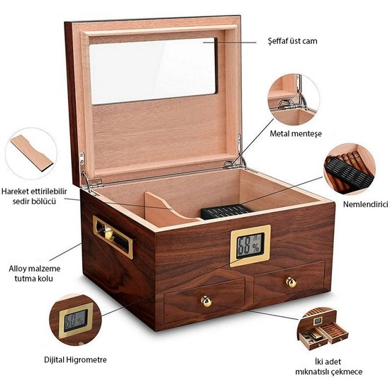 Falconetti Sedir Ağacı Camlı Çekmeceli Humidor Puro Kutusu Fiyatı