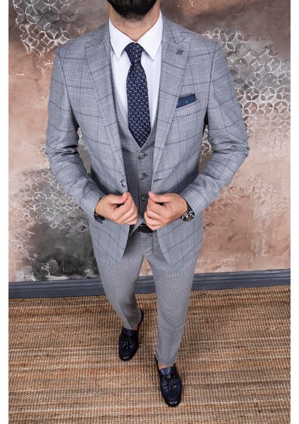 Paco Romano Erkek Slim Fit Sivri Yaka Ekose Yelekli Açık Gri Fiyatı