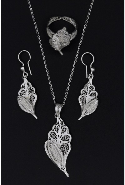Akyüz Gümüş Yaprak Işlemeli Telkari Gümüş Set