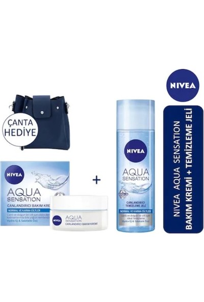 Nivea Aqua Sensation Canlandırıcı Yüz Temizleyici Jeli 200 ml + Nivea Aqua Sentation Bakım Kremi 50 ml + Çanta
