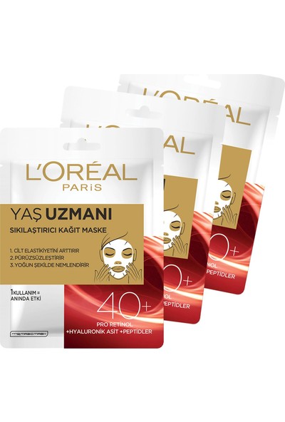 Loreal Paris Yaş Uzmanı 40+ Sıkılaştırıcı Kağıt Yüz Maskesi 3'lü Set Loreal Paris Yaş Uzmanı 40+ Sıkılaştırıcı Kağıt Yüz Maskesi 3'lü Set