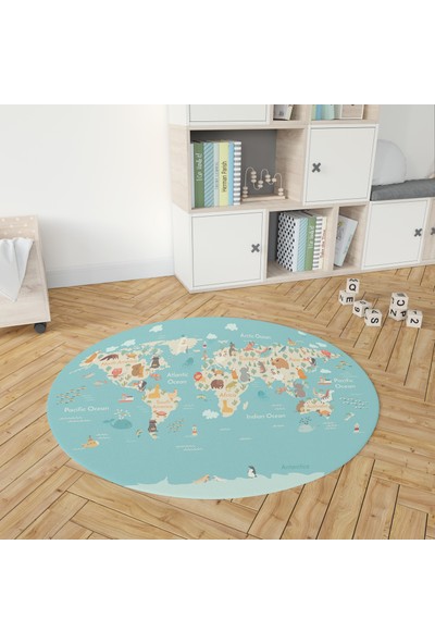 Yoyko Dünya Haritası Yuvarlak Çocuk Odası Halısı Yoyko Dünya Haritası Yuvarlak Çocuk Odası Halısı