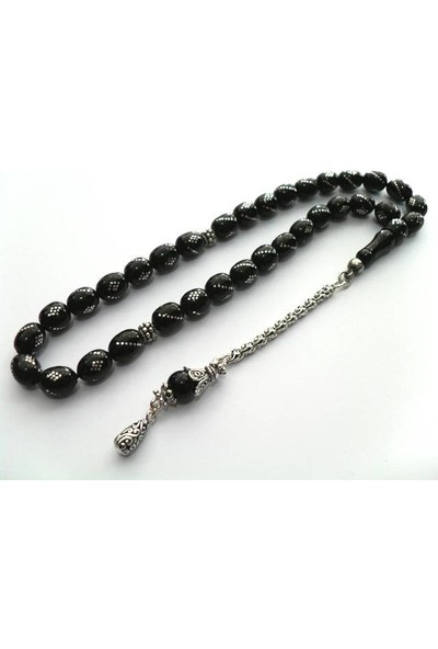 Mutlu Tesbih Erzurum Oltu Taşı Gümüş Işlemeli Kızılcık Model Tesbih