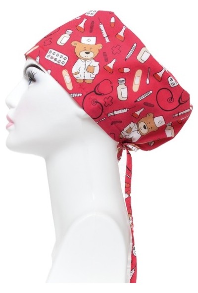 Nur Ortopedi Kırmızı Ayıcık Desenli Doktor Hemşire Hastane Aşçı Cerrahi Bonesi