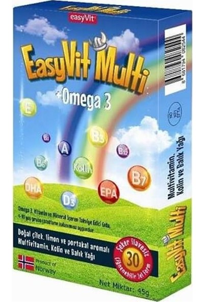 Easyvit Multi Omega 3 + Multivitamin 30 Çiğnenebilir Jel Tablet Easyvit Multi Omega 3 + Multivitamin 30 Çiğnenebilir Jel Tablet