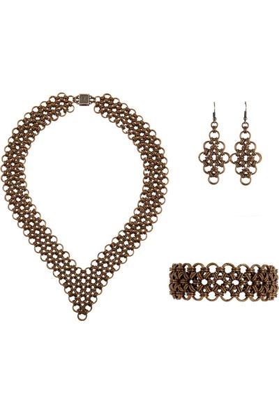 Mavra Handmade Bakır Rengi Örme Zincir Takı Seti