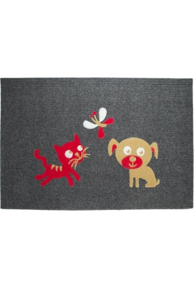 Giz Home İtalyan Luna Kapı Paspası 40X60 Gri Kedi Köpek Kelebek
