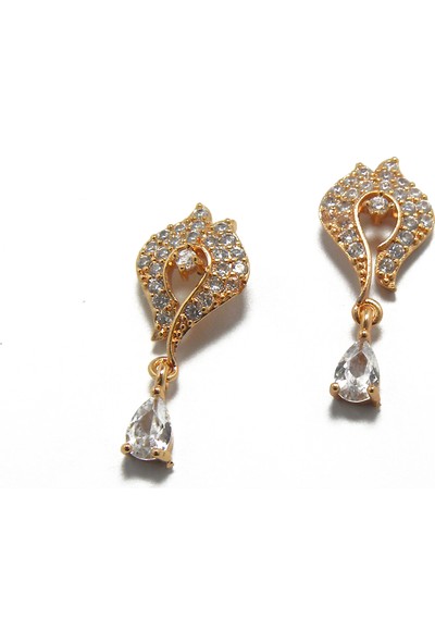 Bijuta Altın Kaplama Zirkon Damla Taşlı Küpe Rose