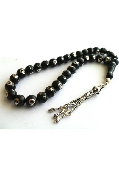 Mutlutesbih Erzurum Oltu Taşı Gümüş Ay Yıldız Işlemeli Tesbih