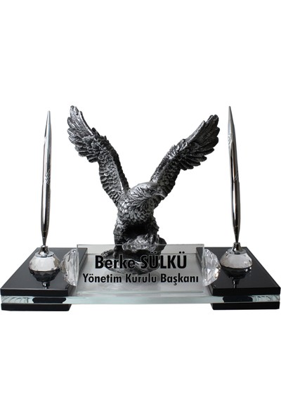 İkiyıldız Kristal AS158 Ofis Için Masaüstü Antik Boyamalı 3D Kartallı Kristal Kalemlik İsimlik Seti