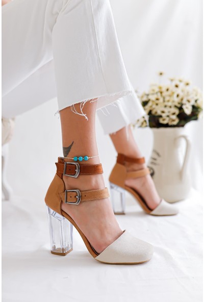 Limoya Sally Ten Kum Taba Süet Çift Tokalı Şeffaf Topuklu Sandalet