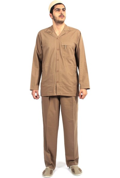 Kanaviçe Hac Umre Kıyafeti Duble Cep Safari Takım Gabardin Kumaş Kahverengi