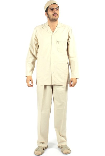 Kanaviçe Hac Umre Kıyafeti Duble Cep Safari Takım Gabardin Kumaş Krem