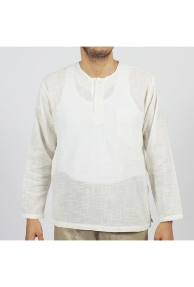 Kanaviçe Hac Umre Kıyafeti Sıfır Yaka Düğmeli Patlı Gömlek Açık Krem