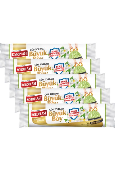 Koroplast Koku Hapsetmeli Büyük Boy Yasemin Kokulu Büzgülü Çöp Torbası 65X70CM - 10'lu x 5 Adet Avantajlı Koroplast Koku Hapsetmeli Büyük Boy Yasemin Kokulu Büzgülü Çöp Torbası 65X70CM - 10'lu x 5 Adet Avantajlı