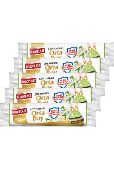 Koroplast Koku Hapsetmeli Orta Boy Yasemin Kokulu Büzgülü Çöp Torbası 55X60CM - 15'li x 5 Adet Avantajlı Koroplast Koku Hapsetmeli Orta Boy Yasemin Kokulu Büzgülü Çöp Torbası 55X60CM - 15'li x 5 Adet Avantajlı