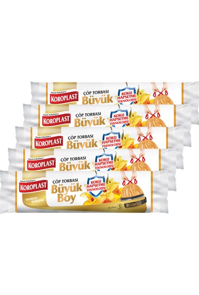 Koroplast Koku Hapsetmeli Büyük Boy Vanilya Kokulu Büzgülü Çöp Torbası 65X70CM - 10'lu x 5 Adet Avantajlı Koroplast Koku Hapsetmeli Büyük Boy Vanilya Kokulu Büzgülü Çöp Torbası 65X70CM - 10'lu x 5 Adet Avantajlı