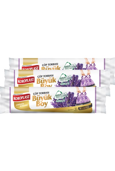 Koroplast Ekstra Güçlü Büyük Boy Lavanta Kokulu Büzgülü Çöp Torbası 65X70CM - 10'lu x 3 Adet Avantajlı Koroplast Ekstra Güçlü Büyük Boy Lavanta Kokulu Büzgülü Çöp Torbası 65X70CM - 10'lu x 3 Adet Avantajlı