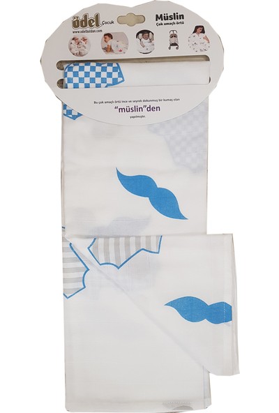 Ödel Home Desenli Müslin Bebek Örtüsü Beyaz-Mavi Ödel Home Desenli Müslin Bebek Örtüsü Beyaz-Mavi