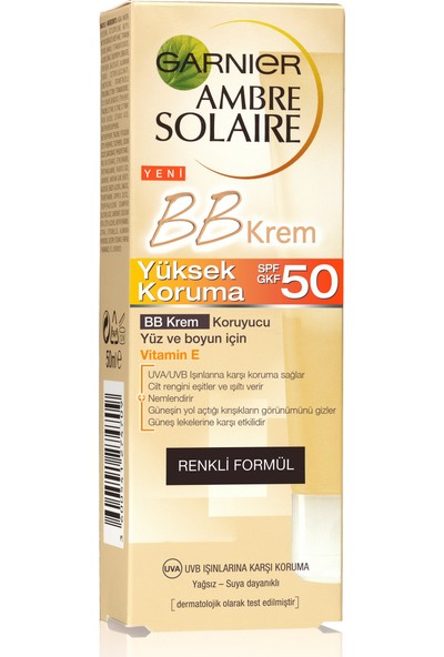 Garnier Ambre Solaire Güneş Koruyuculu BB Krem 50 Faktör 50 ml Garnier Ambre Solaire Güneş Koruyuculu BB Krem 50 Faktör 50 ml