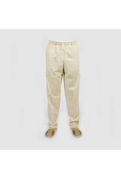 Hac Umre Kıyafeti Gabardin Kumaş Kargo Cep Şalvar Krem