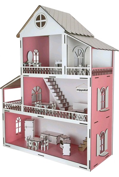 Mippukid Ahşap Oyun Evi Üç Katlı Ahşap Mobilyalı Pembe Mippukid Ahşap Oyun Evi Üç Katlı Ahşap Mobilyalı Pembe