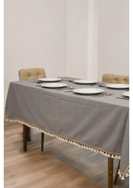 NDC Home Gri Antrasit Pamuk Keten Şerit Ponponlu Masa Örtüsü Fiyatı
