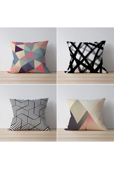 Tezkoteksti̇l Üçgen Desenler 4'lü Kombin Dekoratif Yastık Kırlent Kılıfı