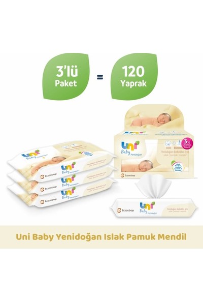 Uni Baby Yenidoğan Islak Pamuk Mendil 3'lü 40'lı Uni Baby Yenidoğan Islak Pamuk Mendil 3'lü 40'lı