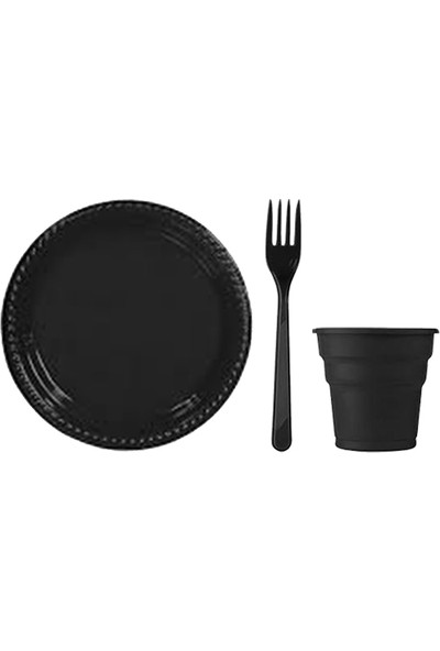 Partylandtr Siyah 25 Kişilik Plastik Bardak Çatal Tabak