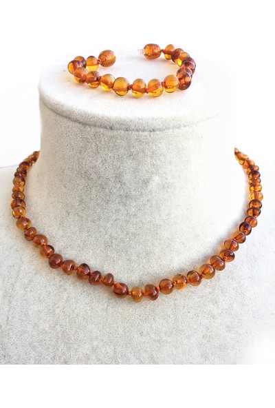 ipek kehribar Sertifikalı Baltık Kehribar Bebek Kolye Bileklik Set Karamel 32 cm / 13-14 cm 0-3 Yaş