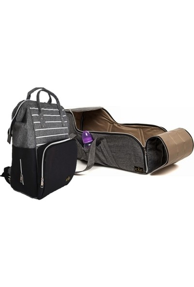 U.S.F Bebek Taşıma + Anne Bebek Bakım Çantası 2'li Set Çizgili Gri Siyah-Gri
