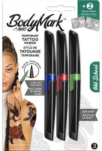 BIC BodyMark Geçici Dövme Kalemi, Mavi/Yeşil/Kırmızı 3’lü Blister