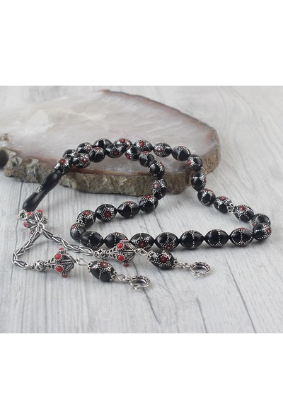 Tesbih Sepetim Özel Işçilikli Mercan ve Gümüş Işleme Erzurum Oltu Taşı Tesbih