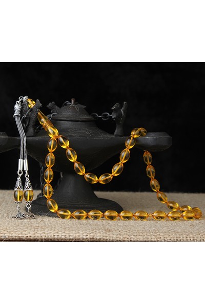 Tesbih Sepetim Gümüş Püsküllü Tuğra Model Bal Rengi Sıkma Kehribar Tesbih