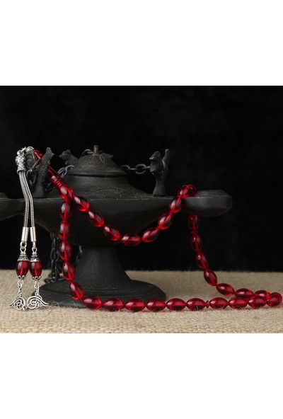Tesbih Sepetim Gümüş Tuğra Püsküllü Kırmızı Sıkma Kehribar Tesbih