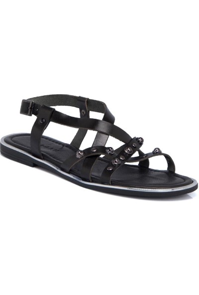 Tergan Siyah Deri Kadın Sandalet 64534A57