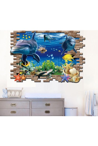 Crystal Kids 3 Boyutlu Çizim Deniz ve Yunuslar Bebek Odası Duvar Sticker