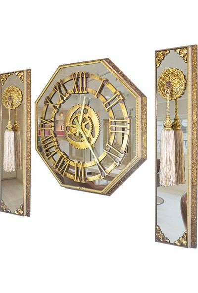 Aynalı ve Varaklı Lüx 3'lü Duvar Saati Saçaklı
