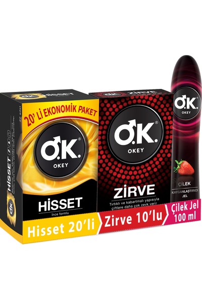 Okey Prezervatif Hisset 20'li + Zirve 10'lu + Çilek Kayganlaştırıcı Jel 100 ml